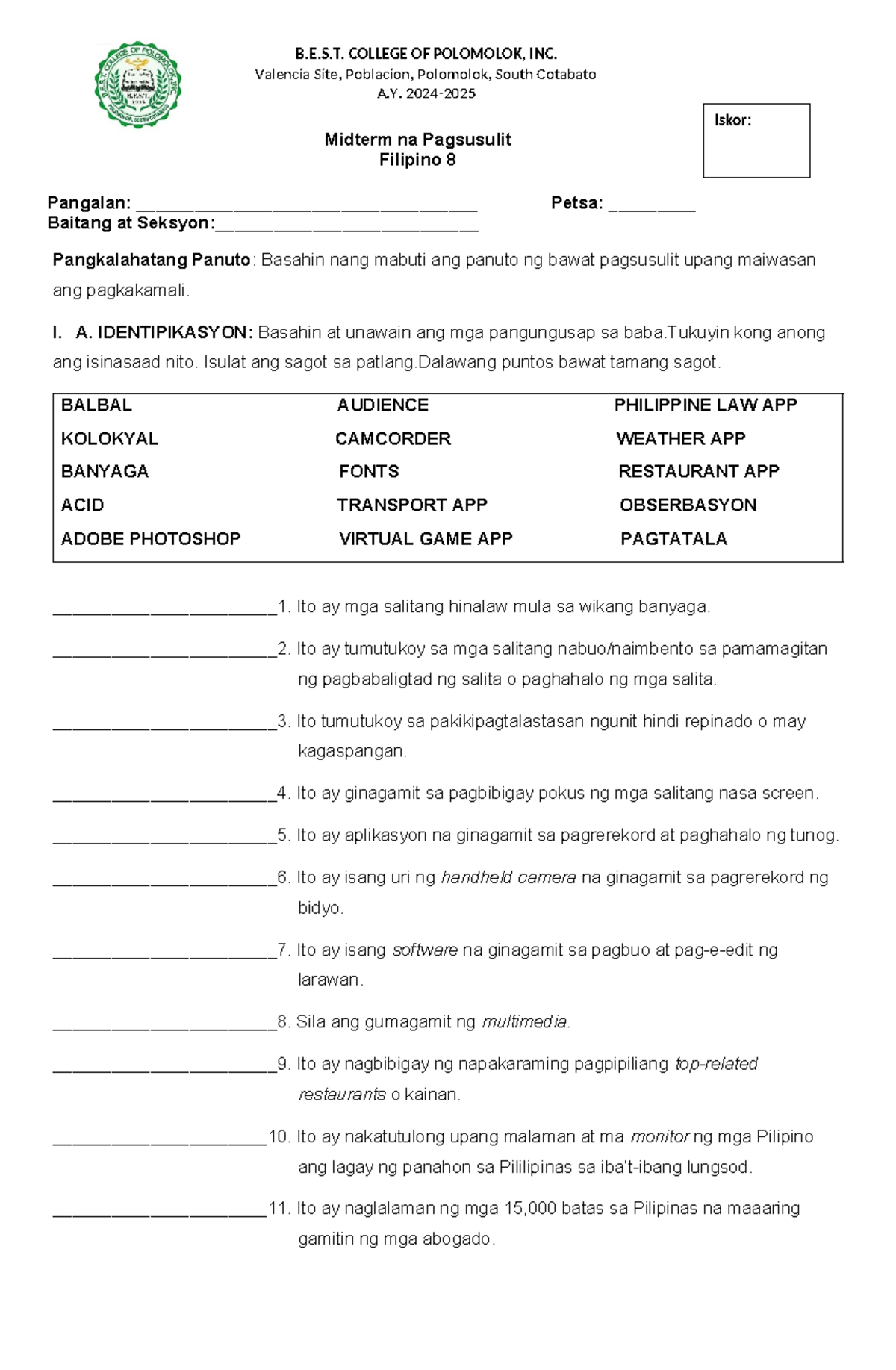 Midterm Exam - Filipino 8: Pagsusulit sa Katuturan ng Salita - Studocu