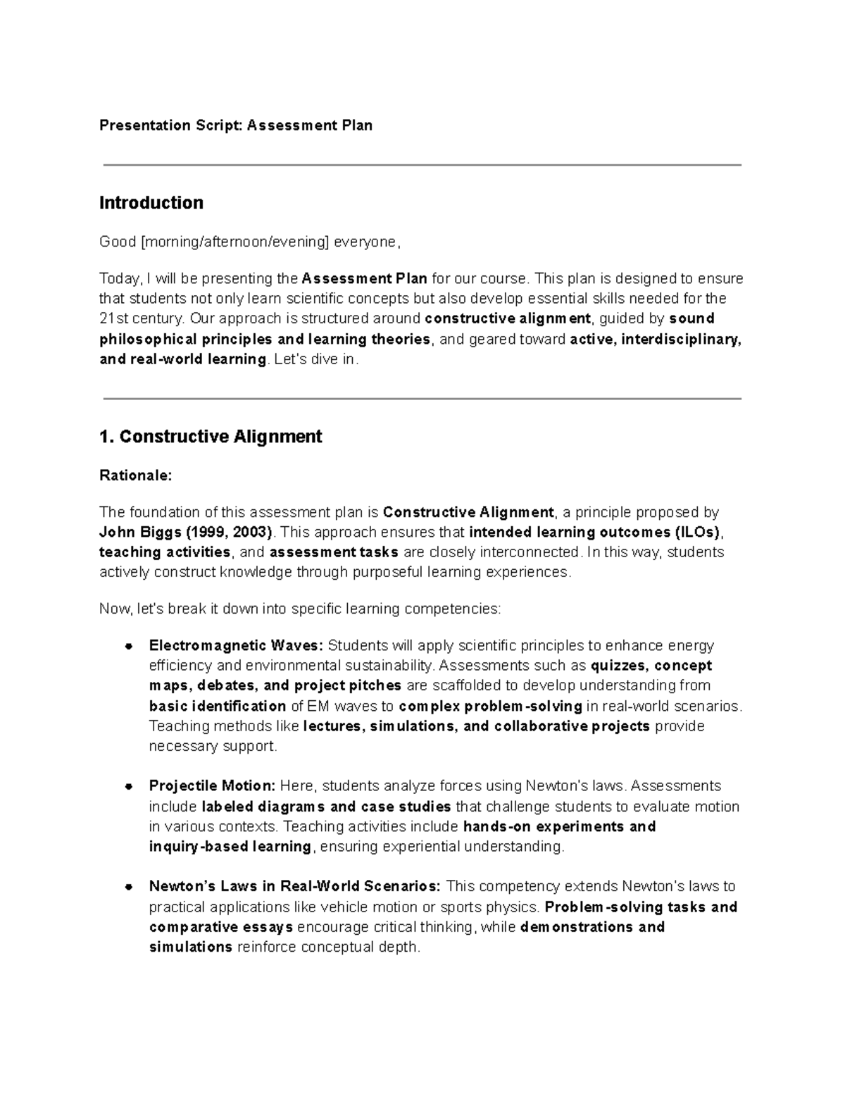 Assessment plan outline - Presentation Script: Assessment Plan ...