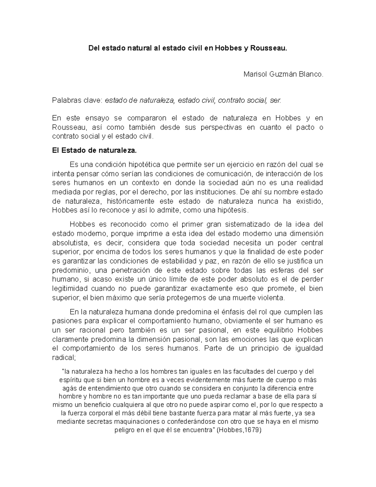 Ensayo comparativo Hobbes-Rousseau - Del estado natural al estado civil ...