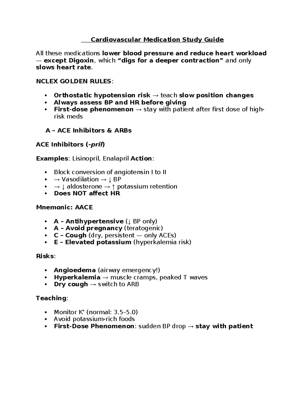 🫀 Cardiovascular Medication Study Guide: Key Points for NCLEX Success ...