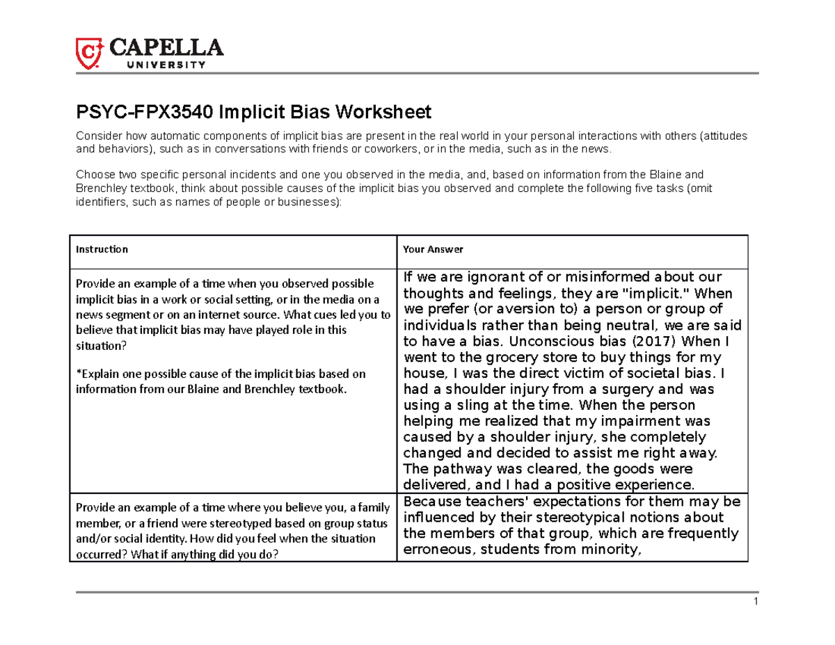 PSYC3540 Implicit Bias Worksheet: Analyzing Personal and Media Examples ...