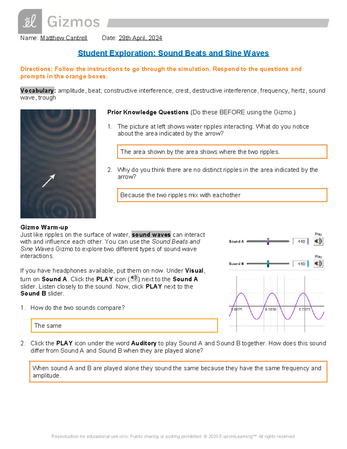 Gizmo Exploration: Sound Beats & Sine Waves SE Activities - Studocu