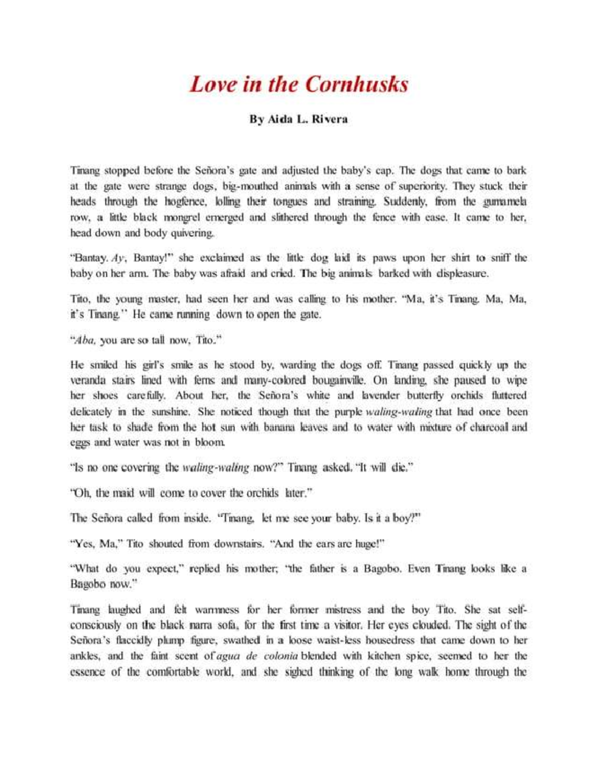 Love in the Cornhusks: Aida L. Rivera - Literature Analysis - Studocu