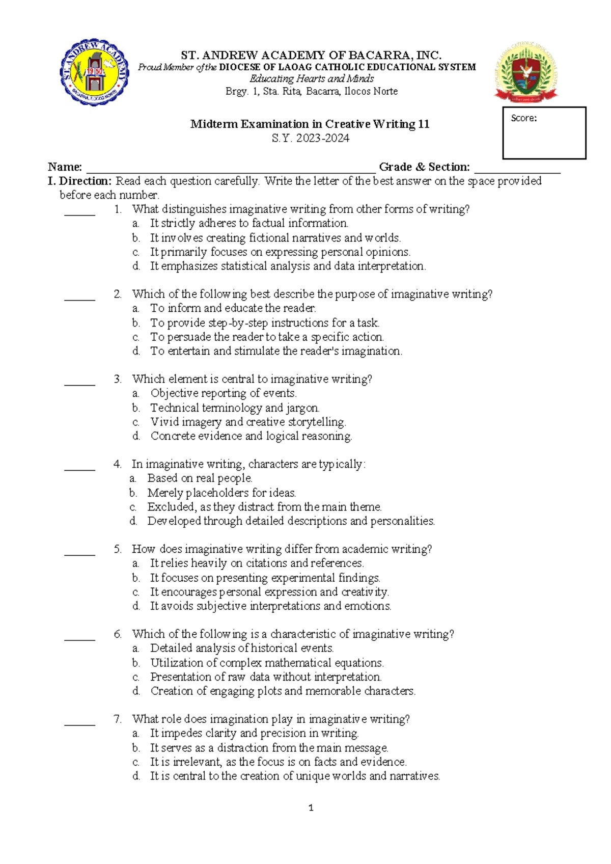 Creative Writing 11 - Midterm Practice Test and Study Guide - Studocu