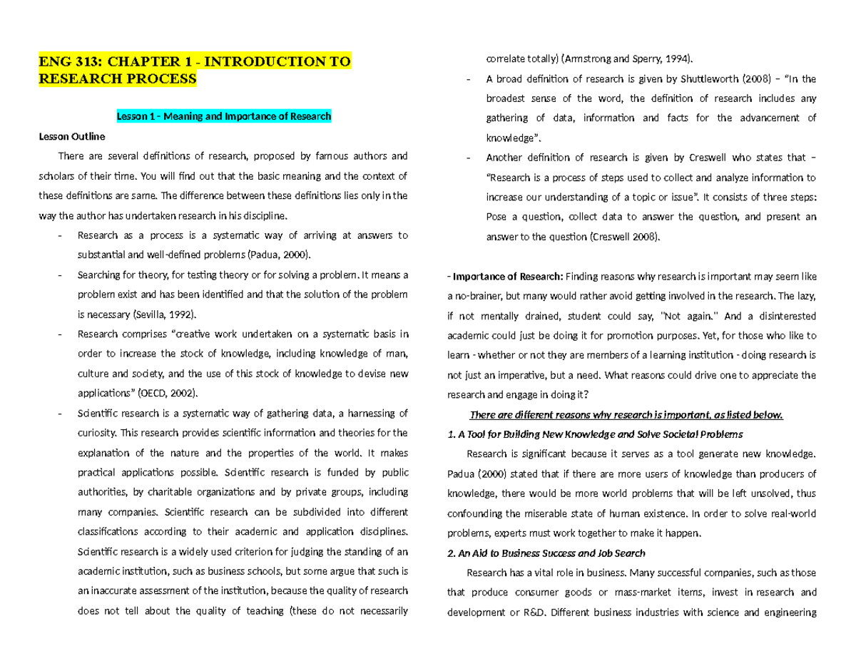 ENG 313: CHAPTER 1 - INTRODUCTION TO THE RESEARCH PROCESS - Studocu