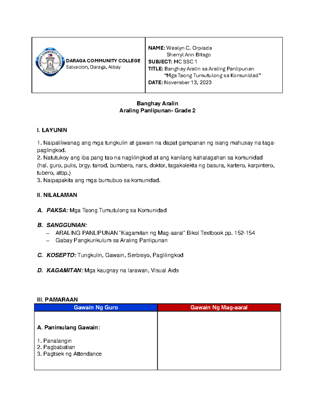 MC SSC 1 Banghay Aralin: Mga Taong Tumutulong sa Komunidad - Studocu