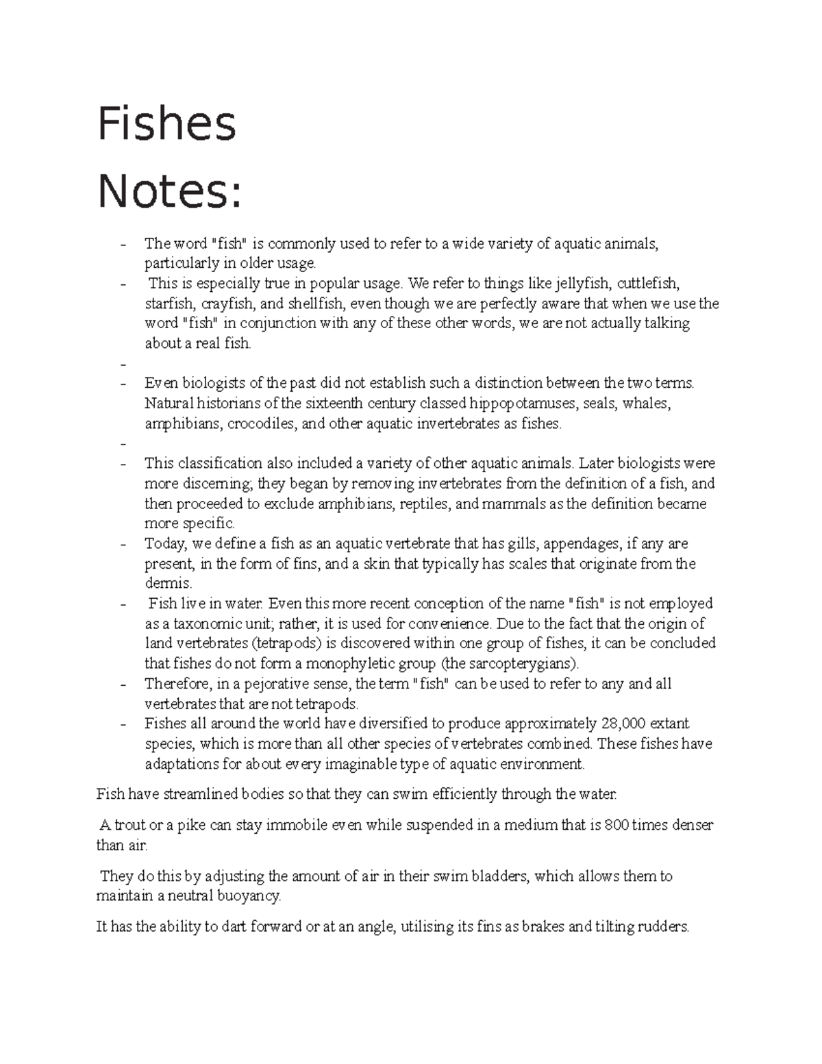 Note 1 - animals notes 1 - Fishes Notes: The word "fish" is commonly ...