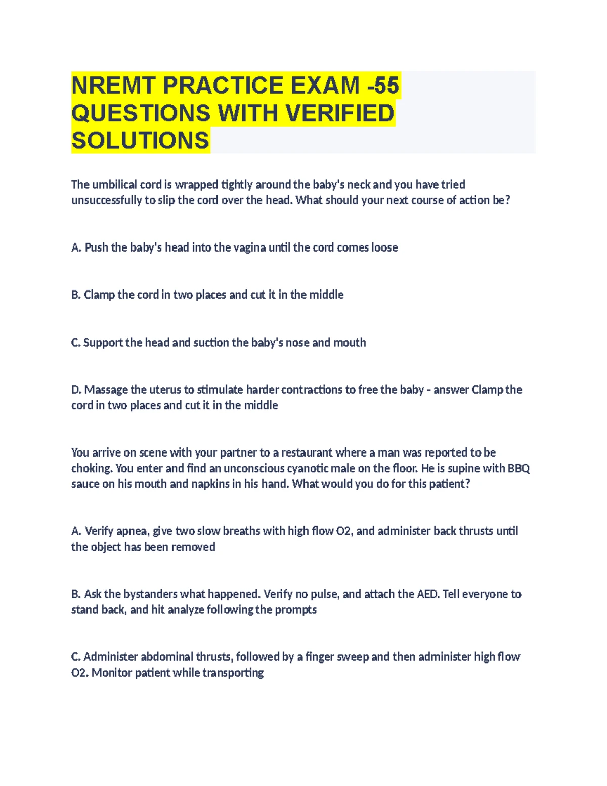 EMT NREMT Practice Exam: 433 Q&A Guide for 2024 - Studocu