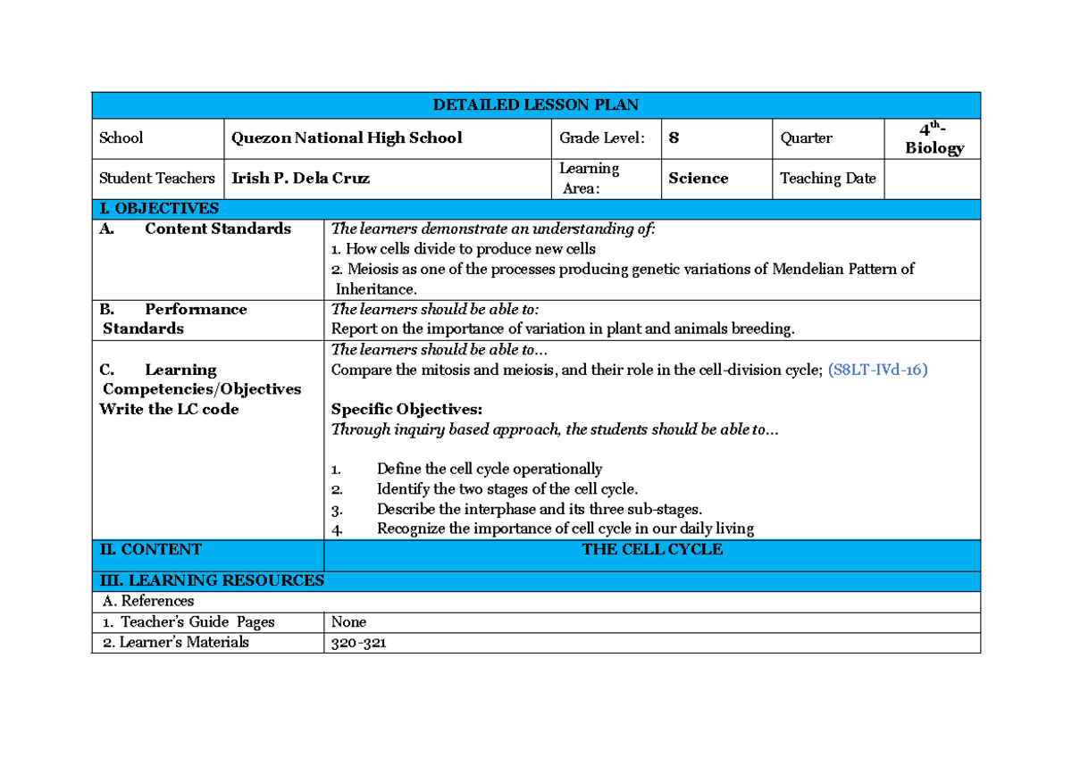 DLP- Lesson Plan on the Cell Cycle for Grade 8 Biology - Studocu