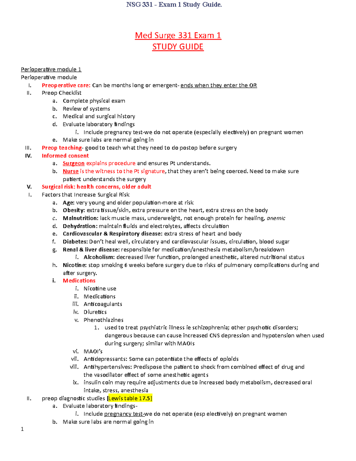 331 Exam 1 Study Guide KW - 1 Med Surge 331 Exam 1 STUDY GUIDE Perioperative module 1 ...