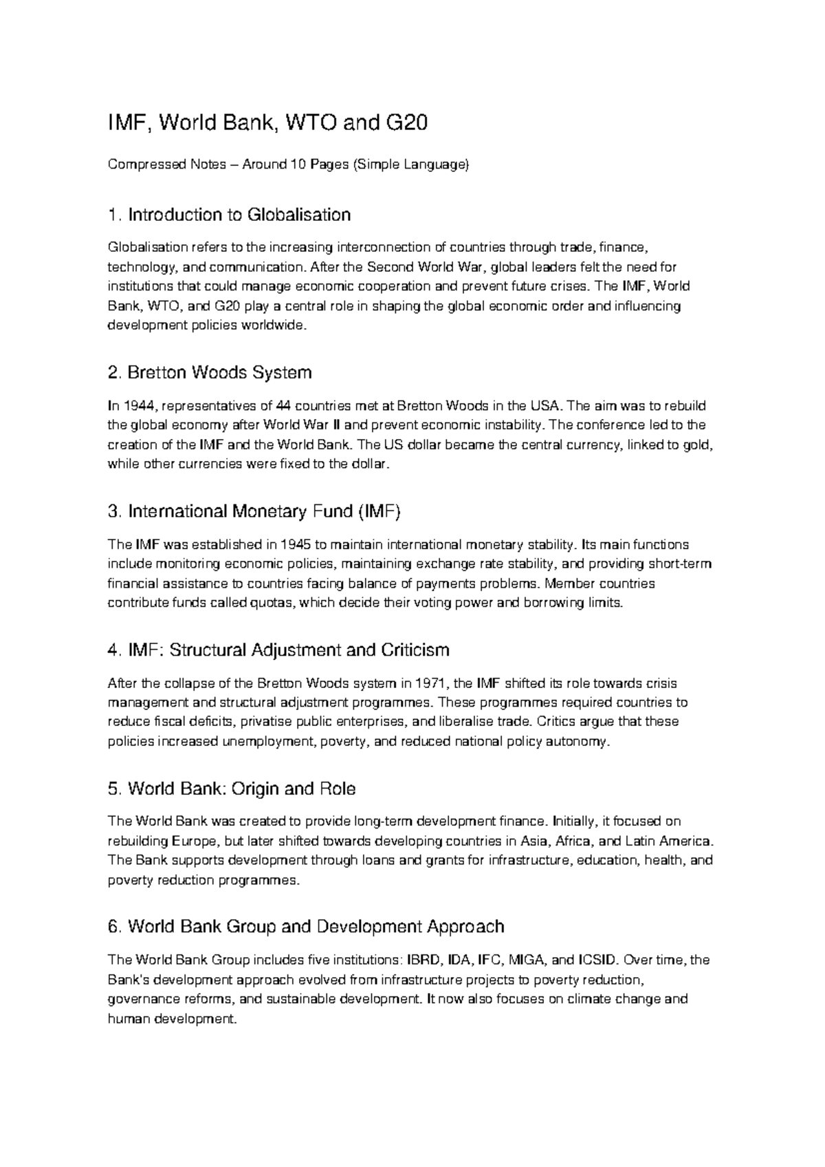 IMF, WB, WTO, G20: 10-Page Overview of Global Institutions - Studocu