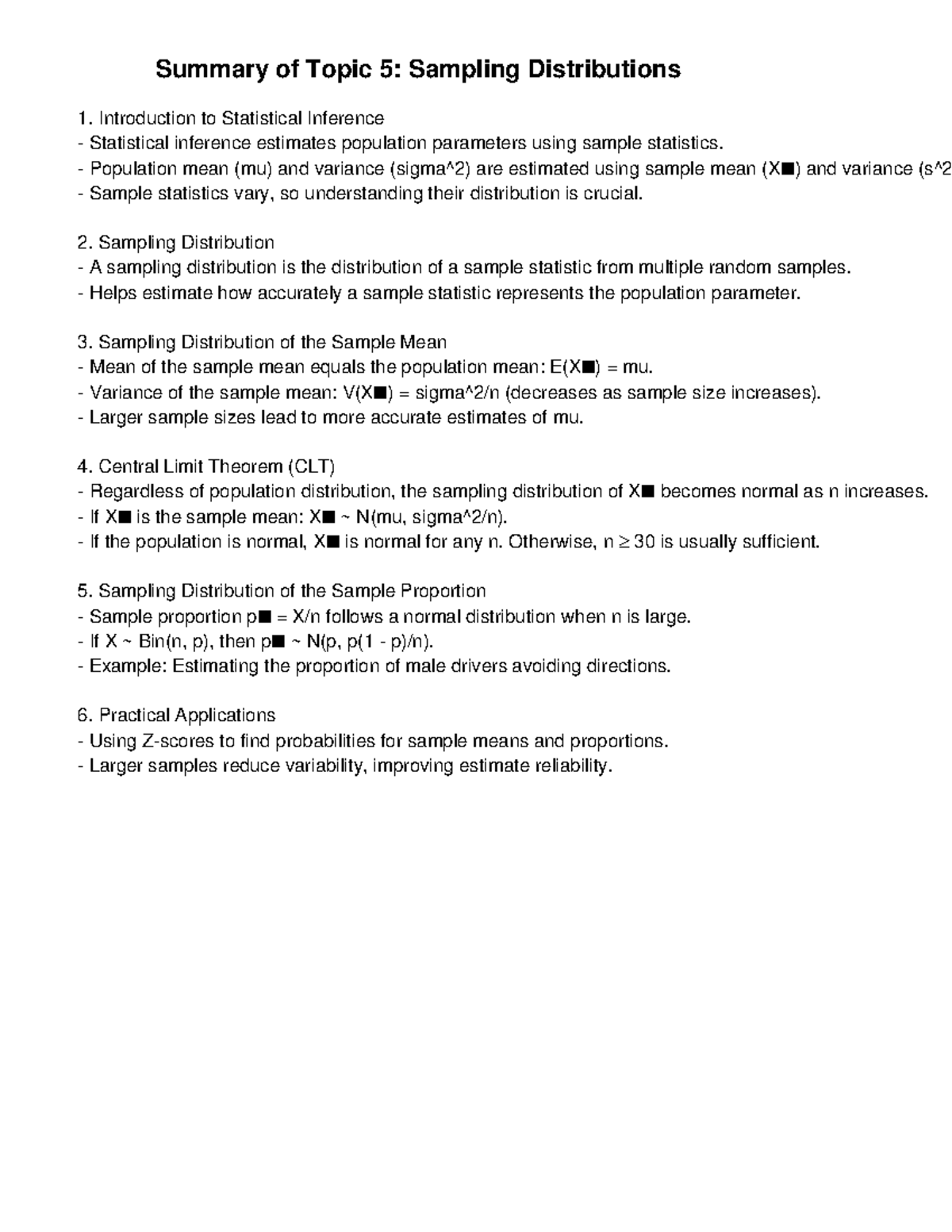 Sampling Distributions Summary - Summary of Topic 5: Sampling Distributions Introduction to ...