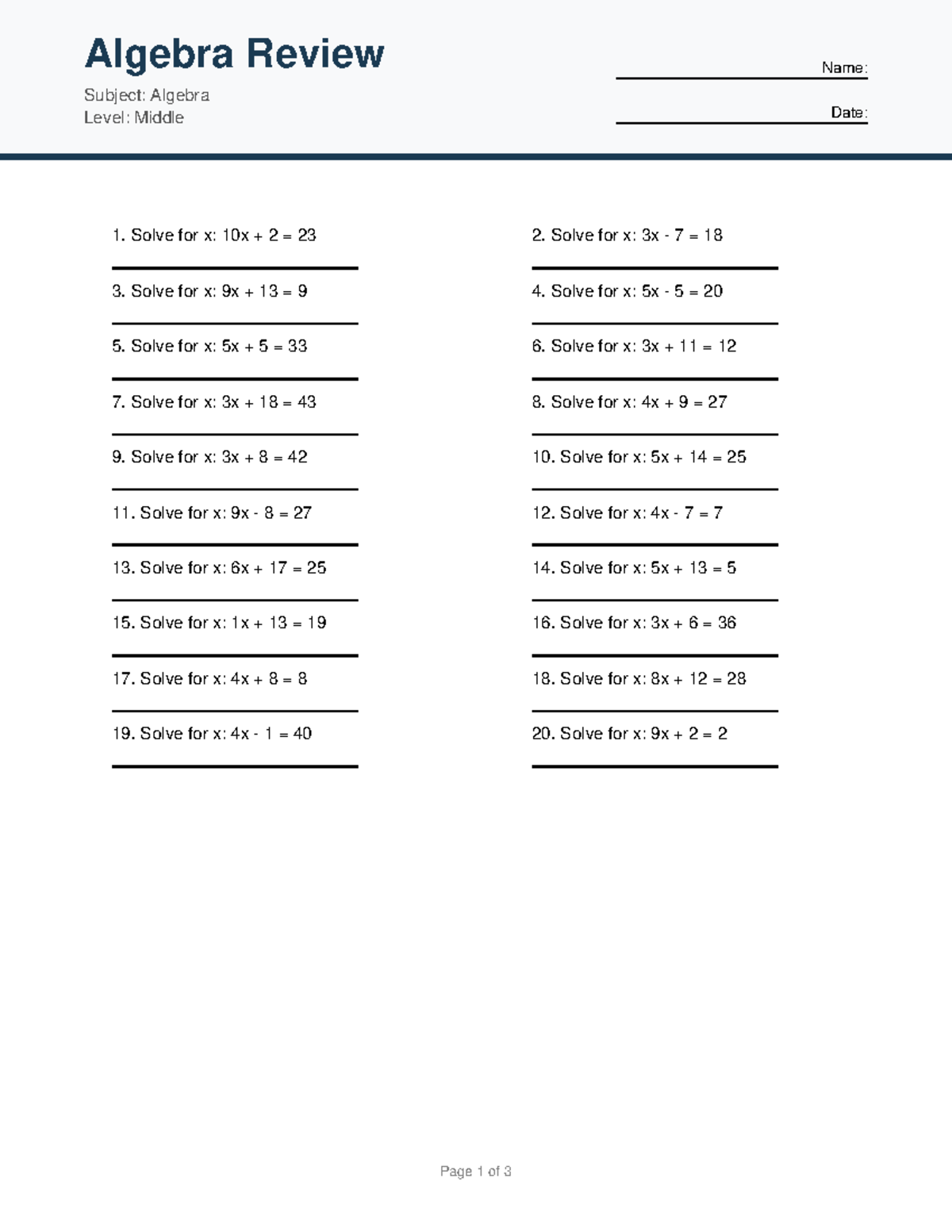 Algebra Review (Level: Middle) - Problem Set & Answer Key - Studocu