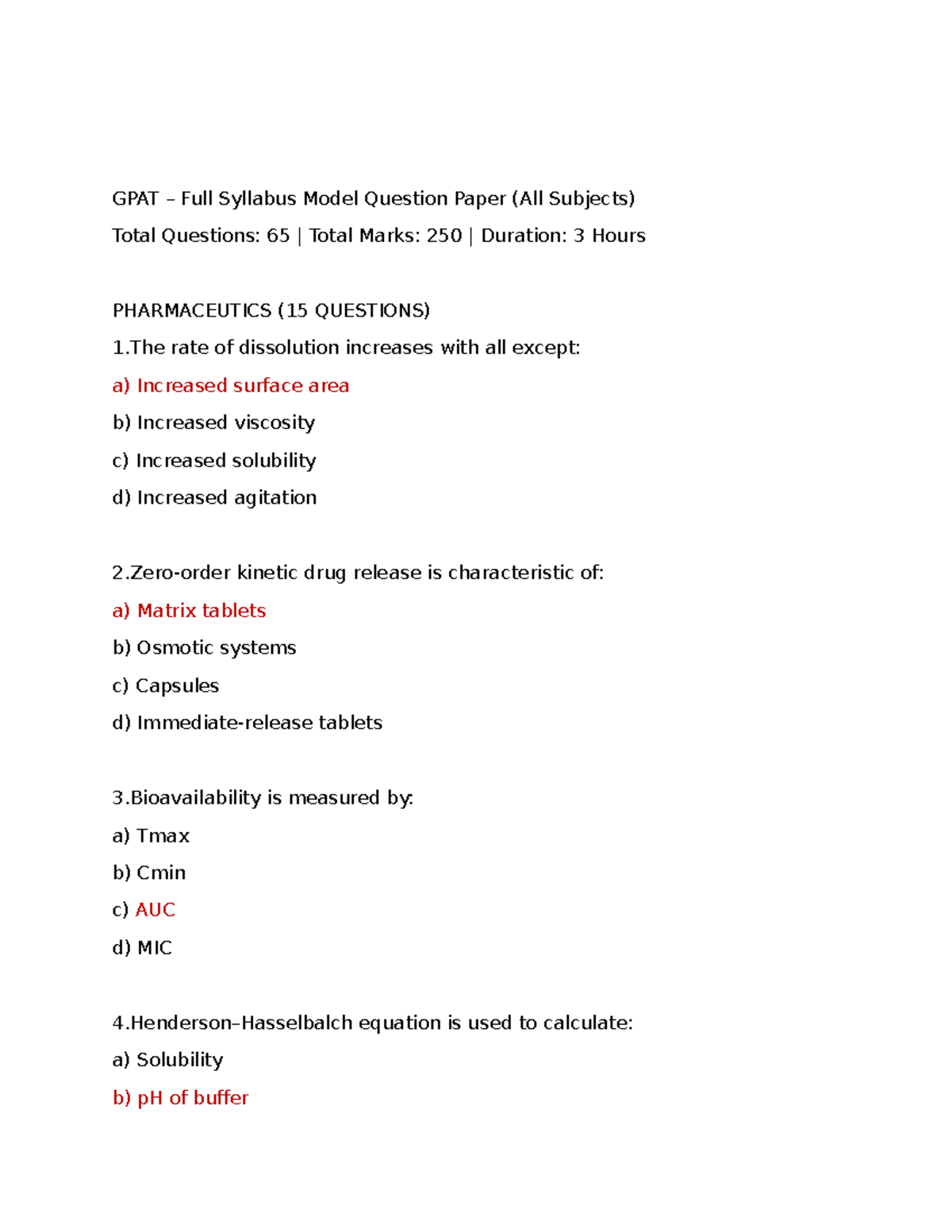 GPAT Model Question Paper (All Subjects) - 65 Questions - Studocu