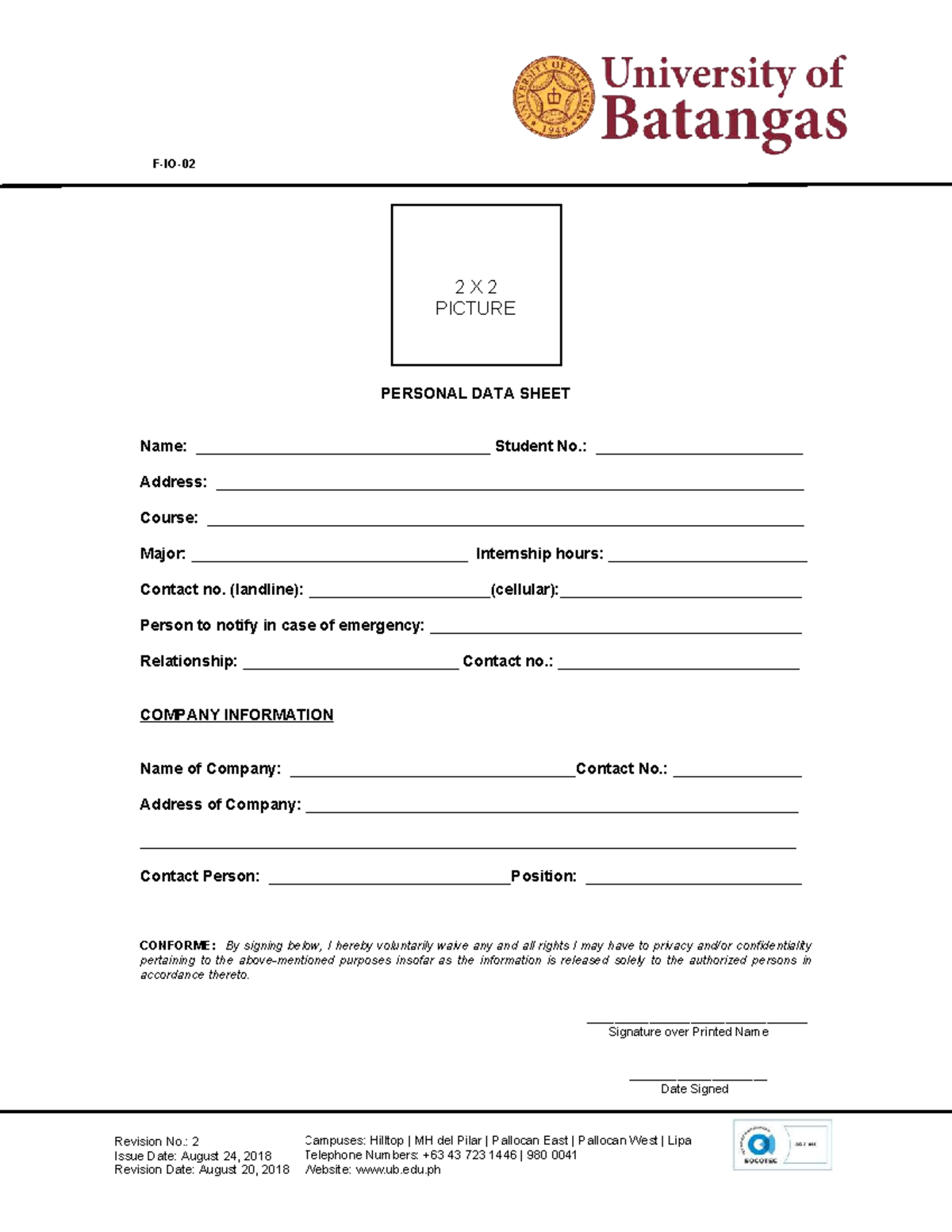 F-IO-02 Personal Data Sheet Template for Students - Studocu