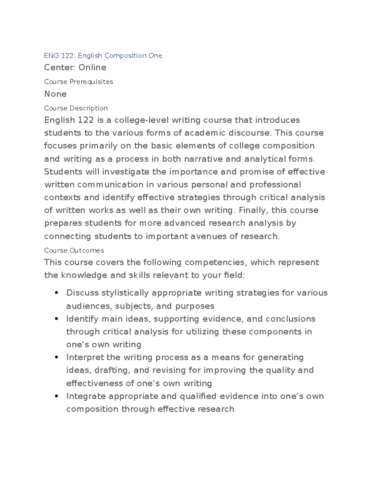 ENG 122 Course Syllabus: English Composition One Overview - Studocu