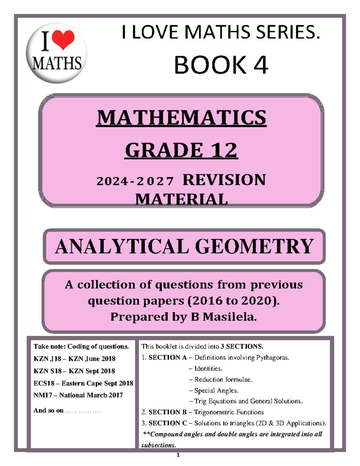 I LOVE MATHS SERIES: BOOK 4 G12 2024 REVISION - ANALYTICAL GEOMETRY ...