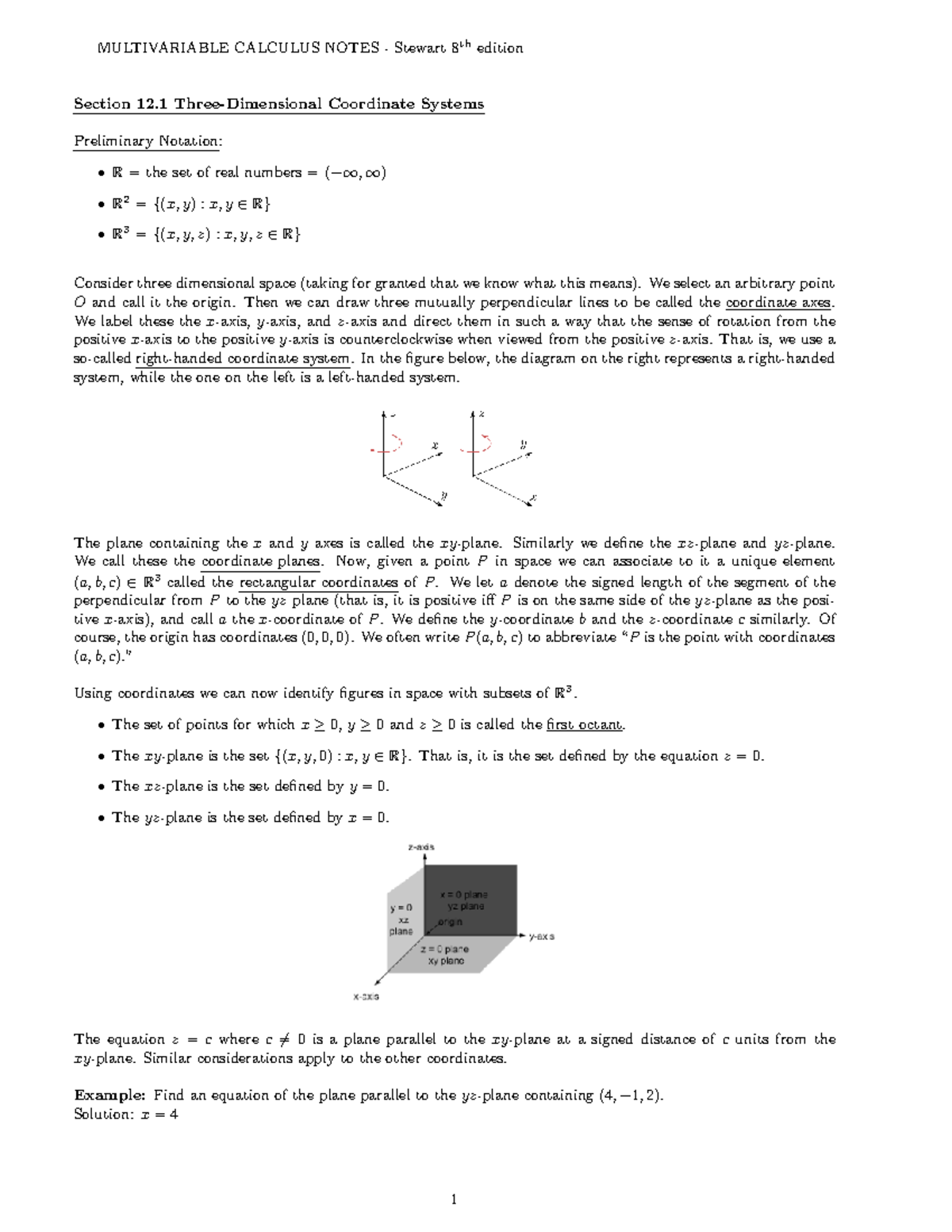 MULTIVARIABLE CALCULUS NOTES Stewart 8th Ed. - Section 12.1 Coordinate ...