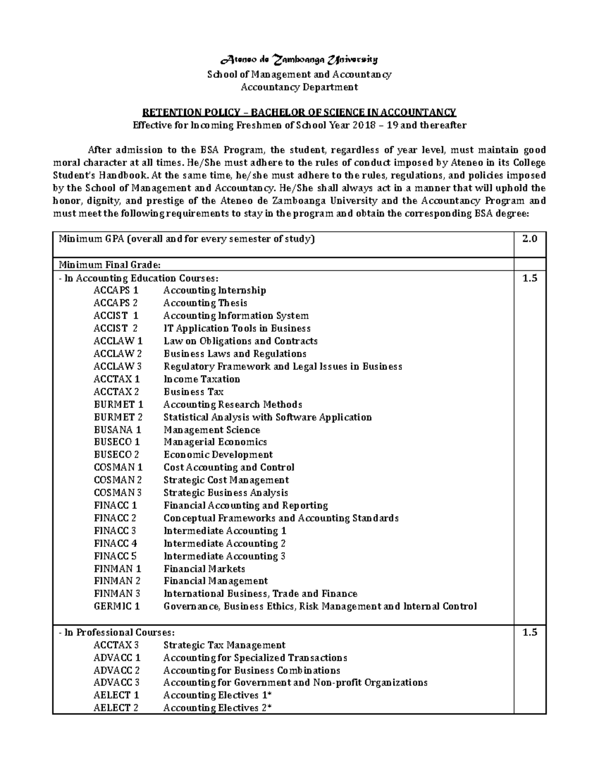 Retention Policy for BS Accountancy: A short summary - Ateneo de ...