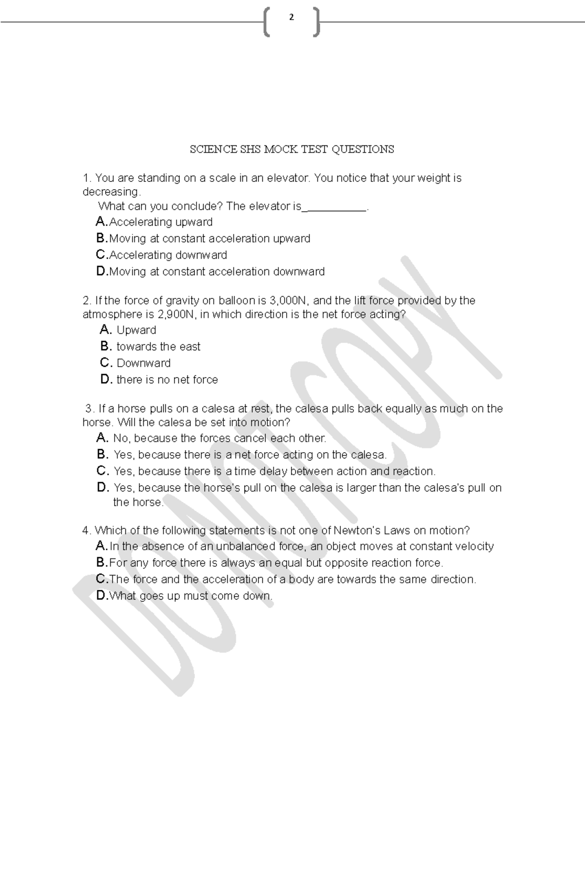 NAT Science 12 - NAT PURPORSE - 2 SCIENCE SHS MOCK TEST QUESTIONS You ...