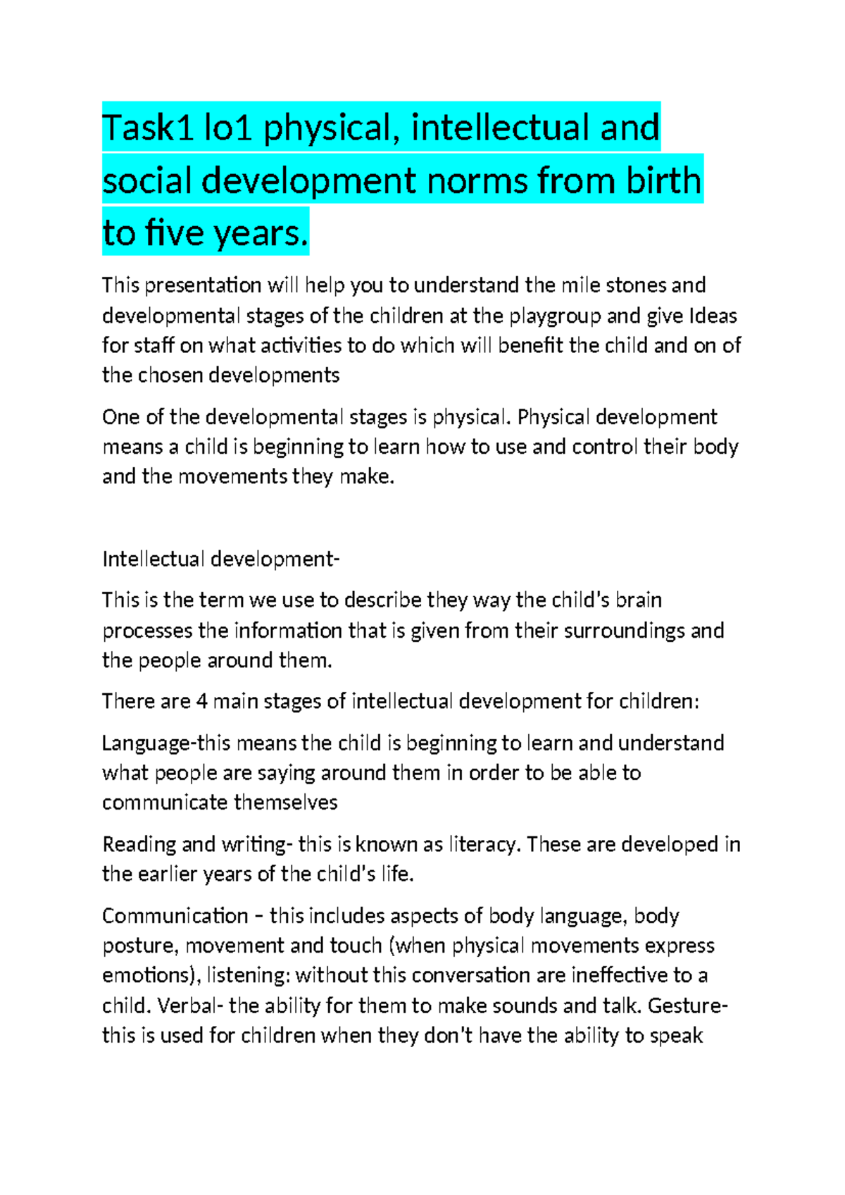 Task 1 LO1: Child Development Norms from Birth to 5 Years - Studocu