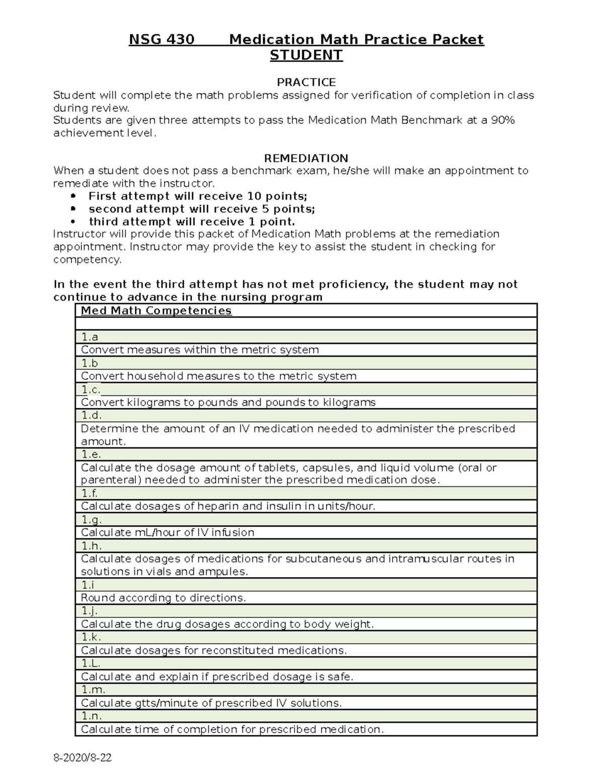 NSG 430 Medication Math Practice Packet & Competency Questions - Studocu