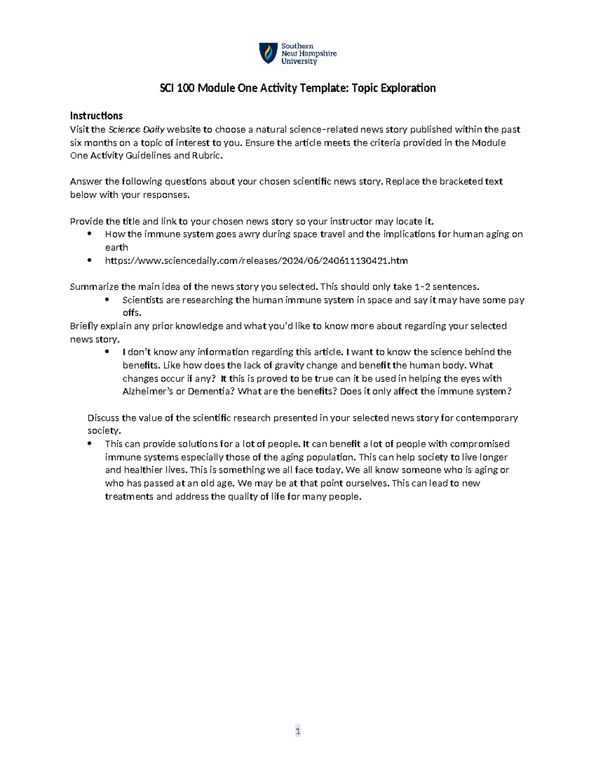 SCI 100 Module One Activity Template copy - Ensure the article meets ...