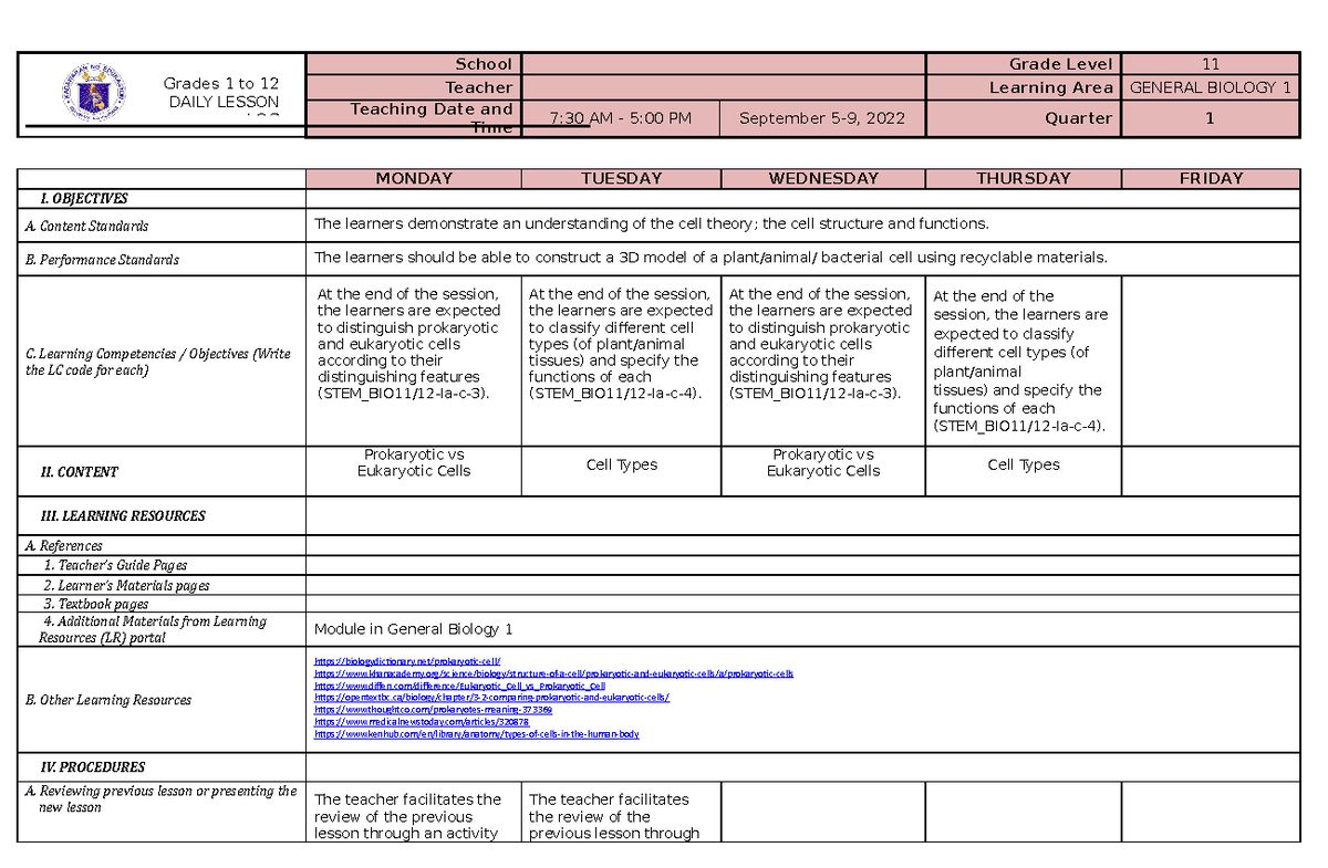 DLL General Biology 1 2022-2023 Week3 - School Grade Level 11 Teacher ...