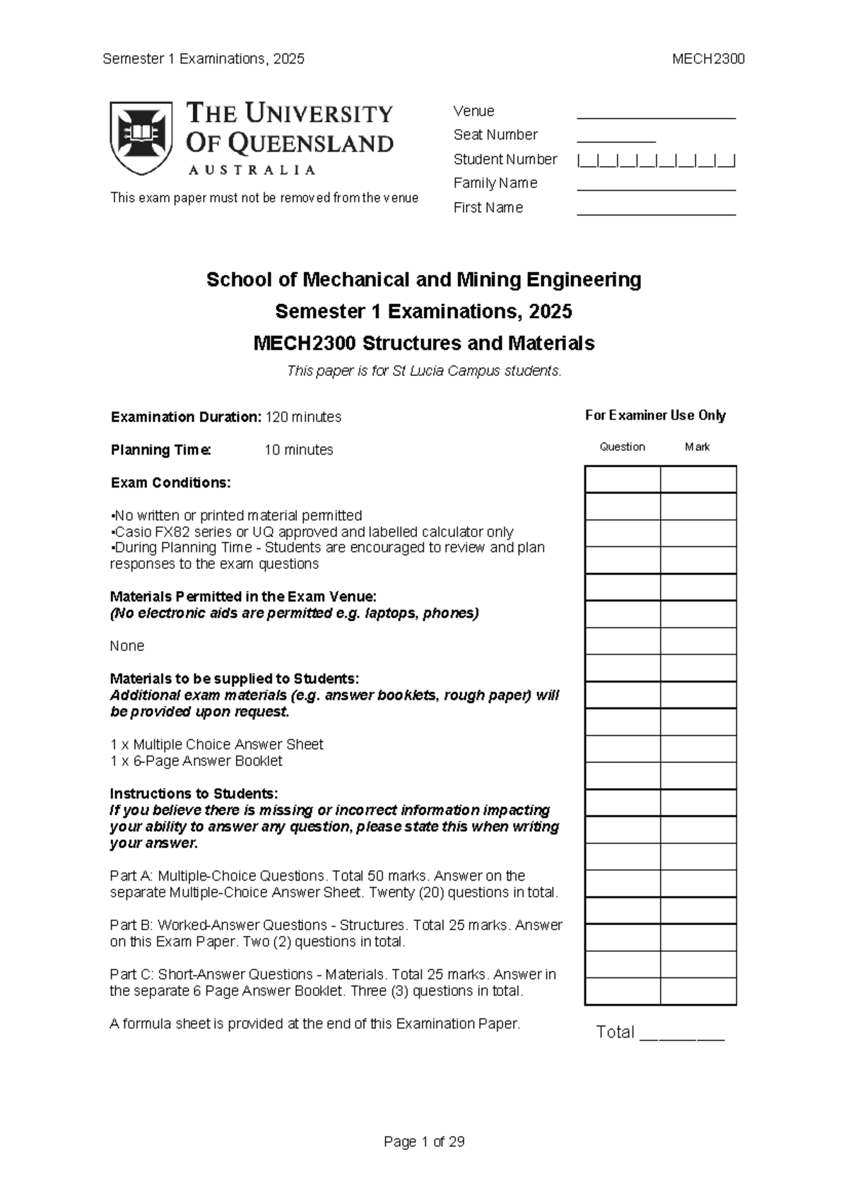 Semester 1 Exam 2025 MECH2300: Structures & Materials Paper - Studocu