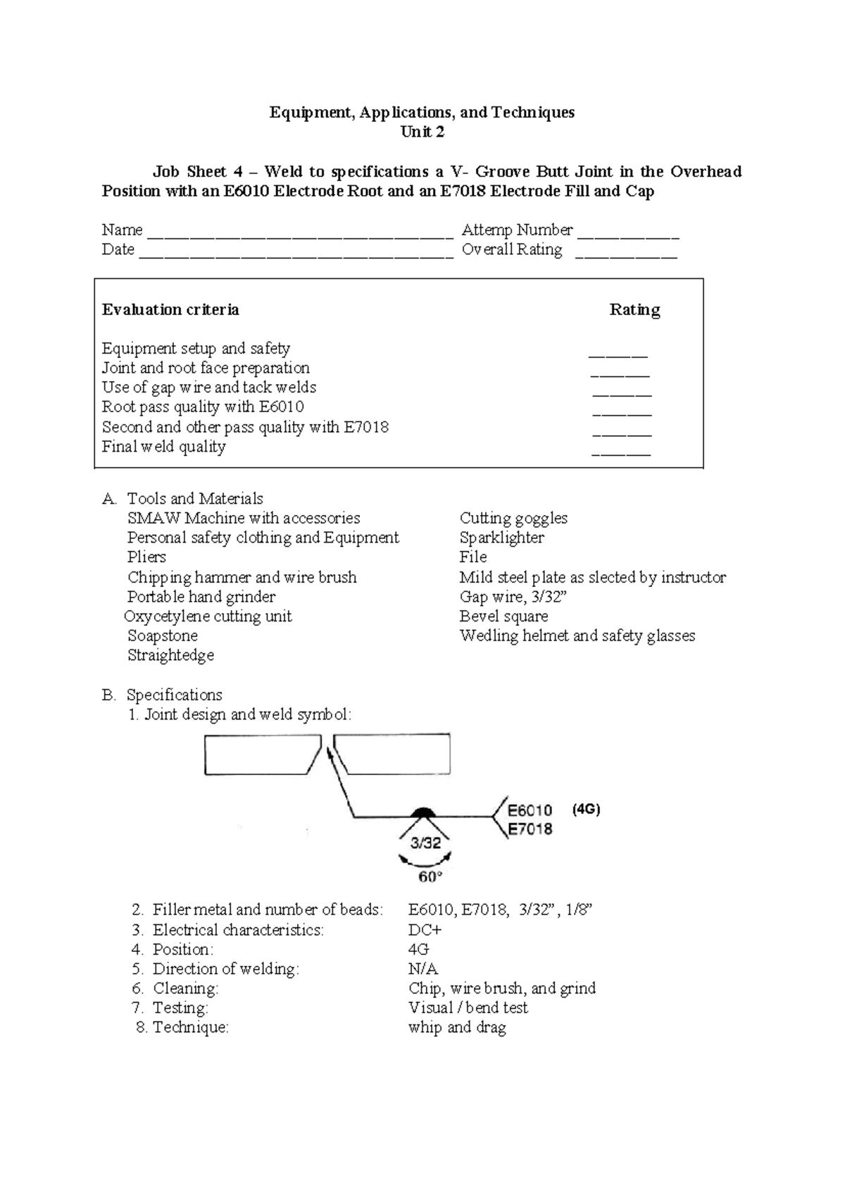 4G Job Sheet 32: Welding a Groove Butt Joint with E6010 & E7018 - Studocu