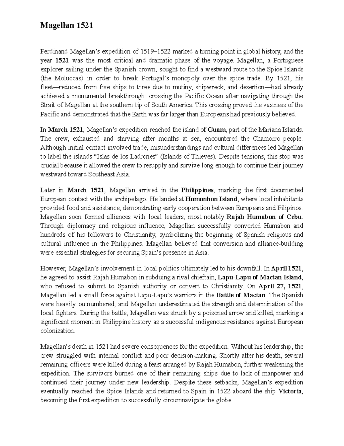 F. Magellan's 1521 Expedition: A Turning Point in Global History - Studocu