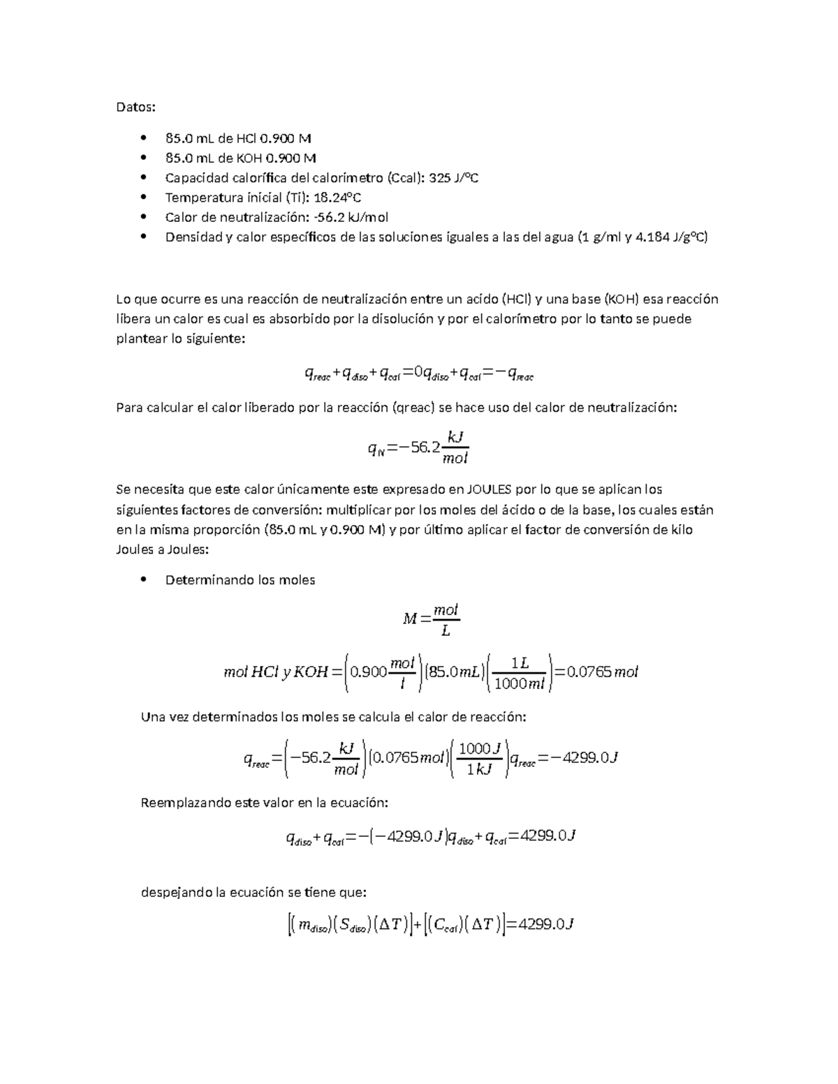 Solución del Ejercicio 6: Calor de Neutralización HCl y KOH - Studocu