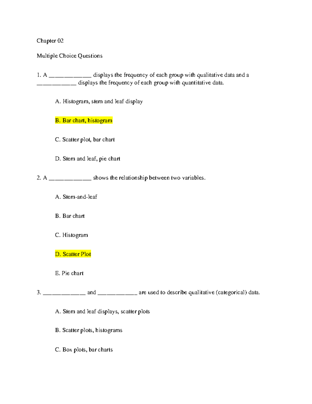 Business Statistics Chapter 02 Multiple Choice Questions - Chapter 02 ...