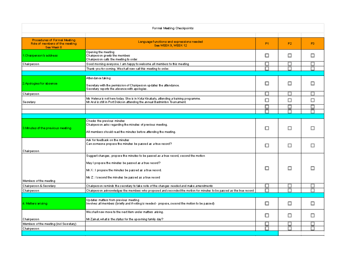 LCC500 Assessment 2 - Formal Meeting Procedures Checklist - Studocu