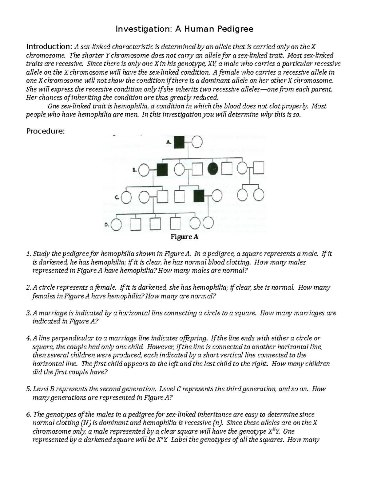 Investigation of Human Pedigree: Sex-Linked Traits Analysis (Bio 101 ...