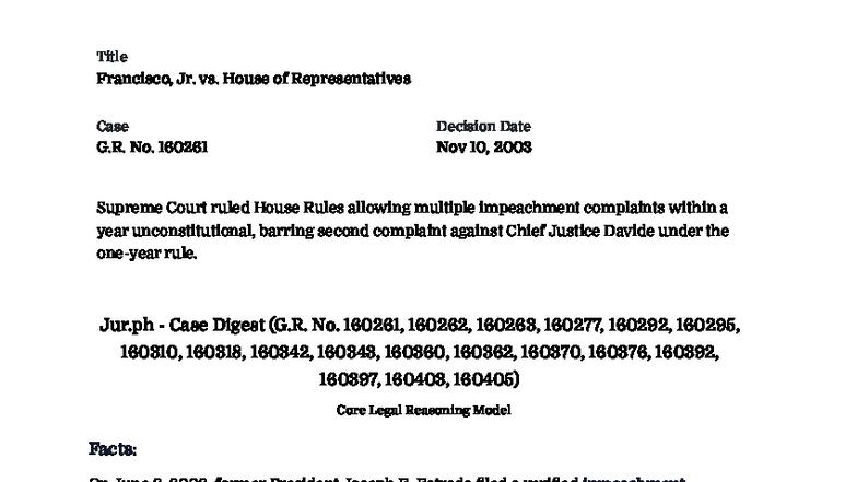 Francisco, Jr. vs. House of Representatives Case Digest (G.R. No ...