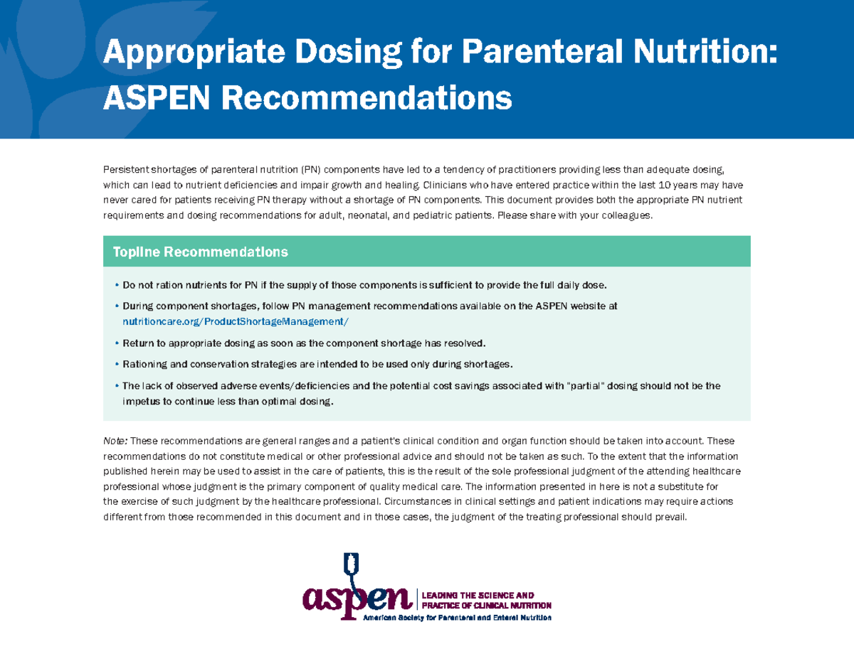 Guias Aspen - Appropriate Dosing for Parenteral Nutrition: ASPEN ...