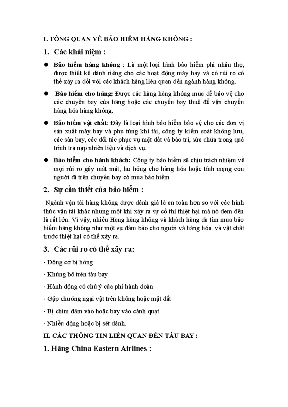 1,2 BHHK t2 - hhhh - I. TỔNG QUAN VỀ BẢO HIỂM HÀNG KHÔNG : 1. Các khái ...