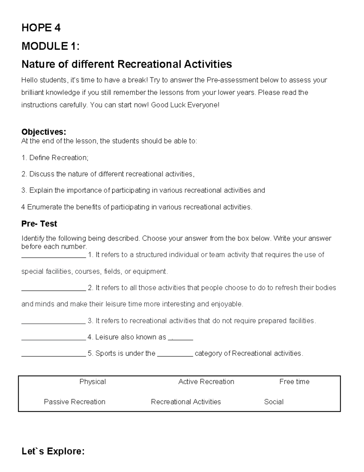 HOPE 4 Module 1: Understanding Recreational Activities - Studocu