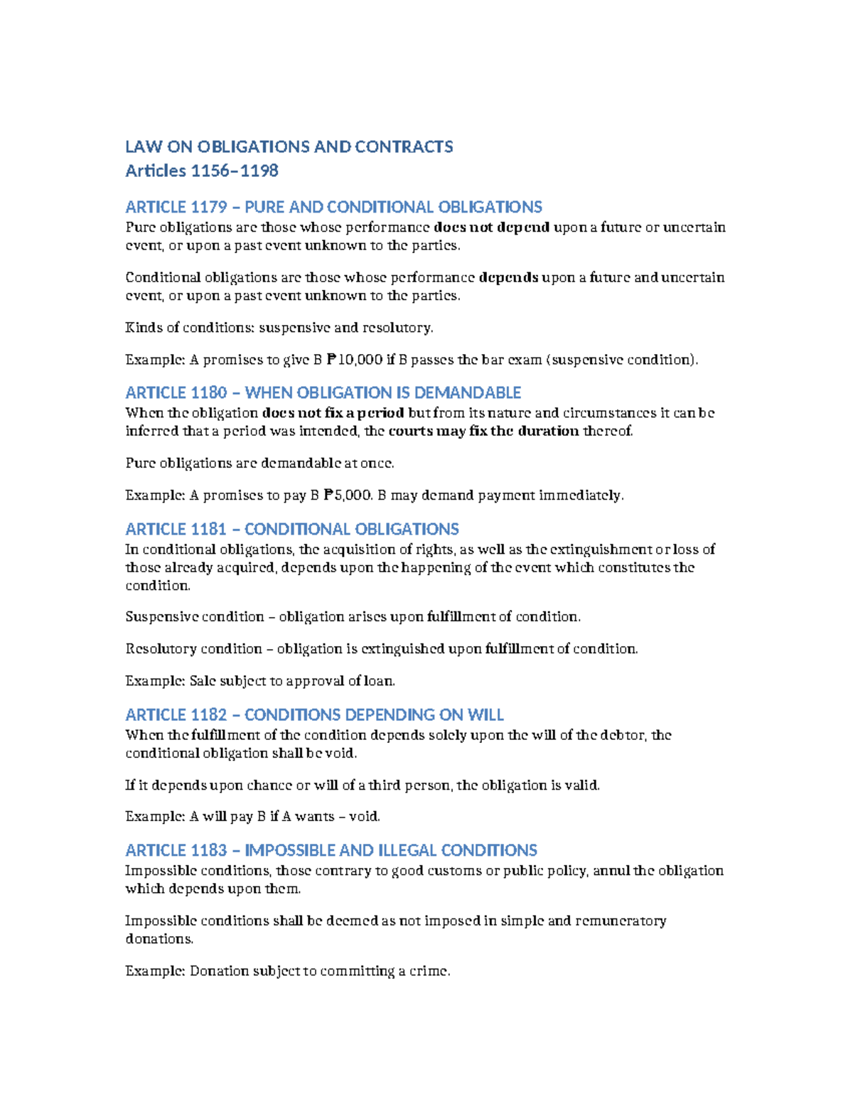 LAW ON OBLIGATIONS AND CONTRACTS: Articles 1179-1192 Overview - Studocu