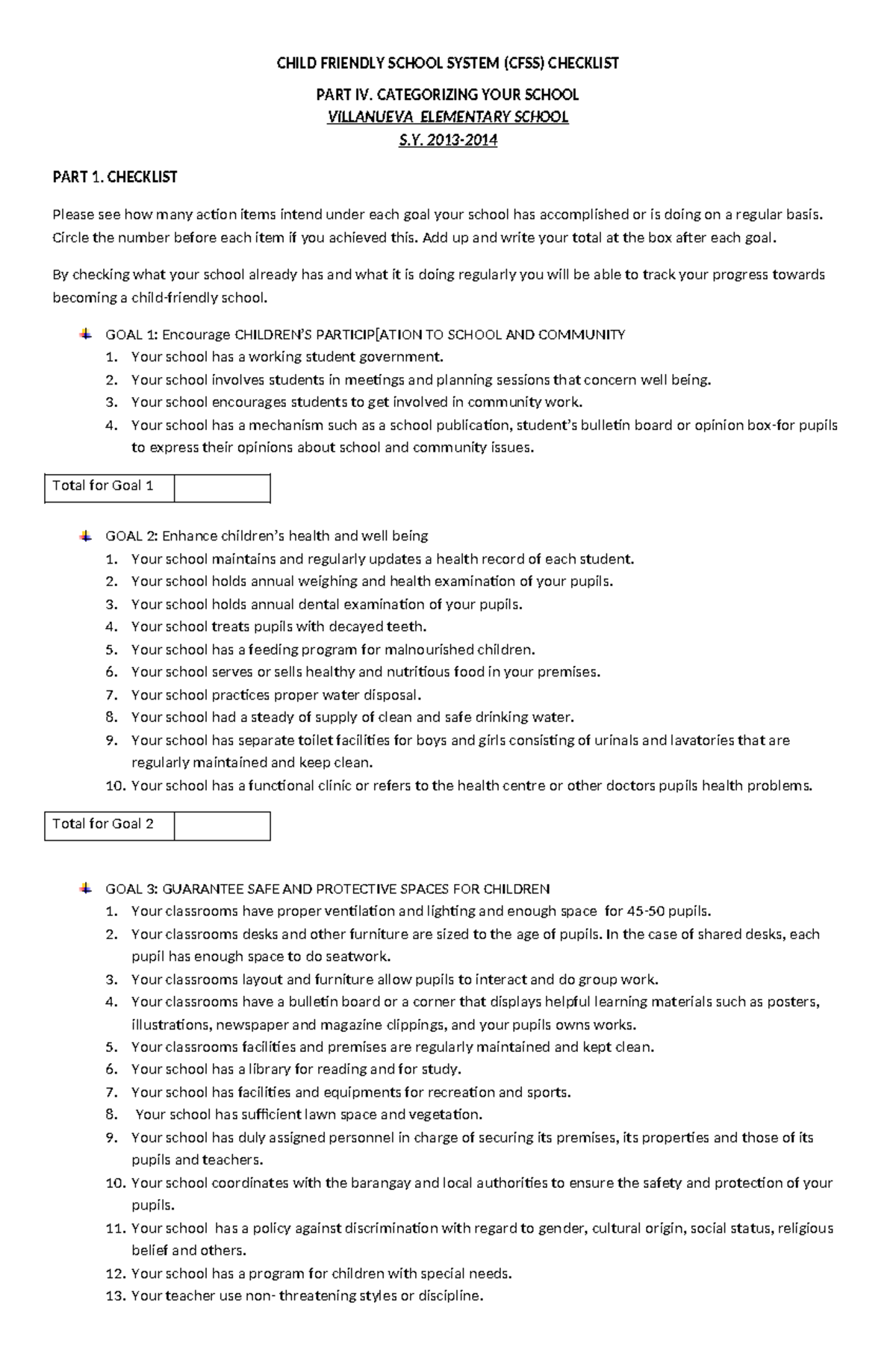217934838 Child Friendly School System (CFSS) Assessment Checklist - Studocu