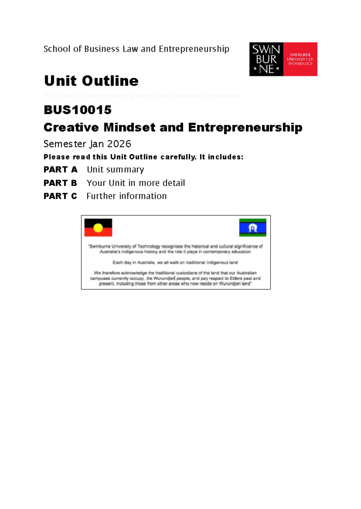 BUS10015 Unit Outline: Creative Mindset & Entrepreneurship (Jan 2026 ...