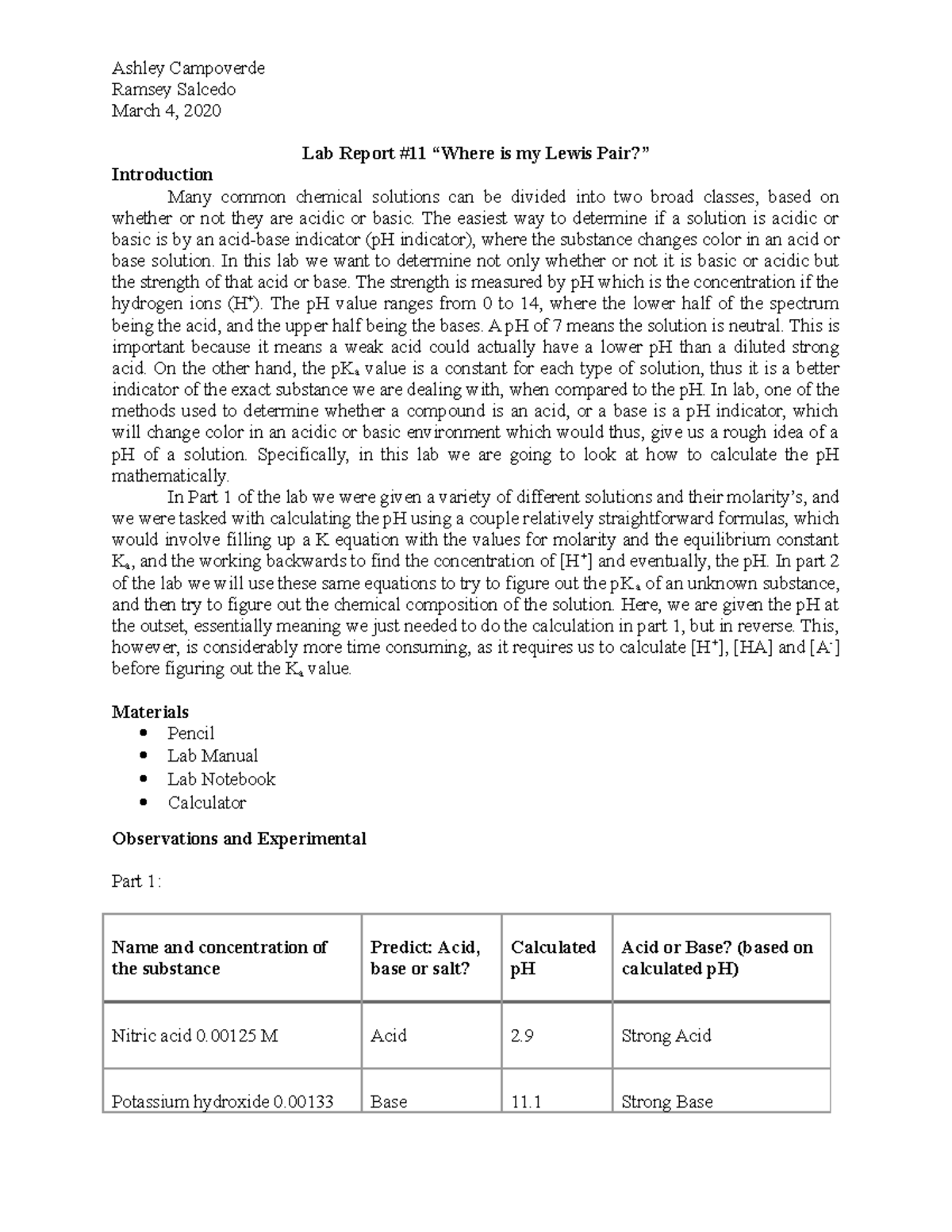 Lab 11 - pH Calculation and Acid-Base Analysis - Studocu