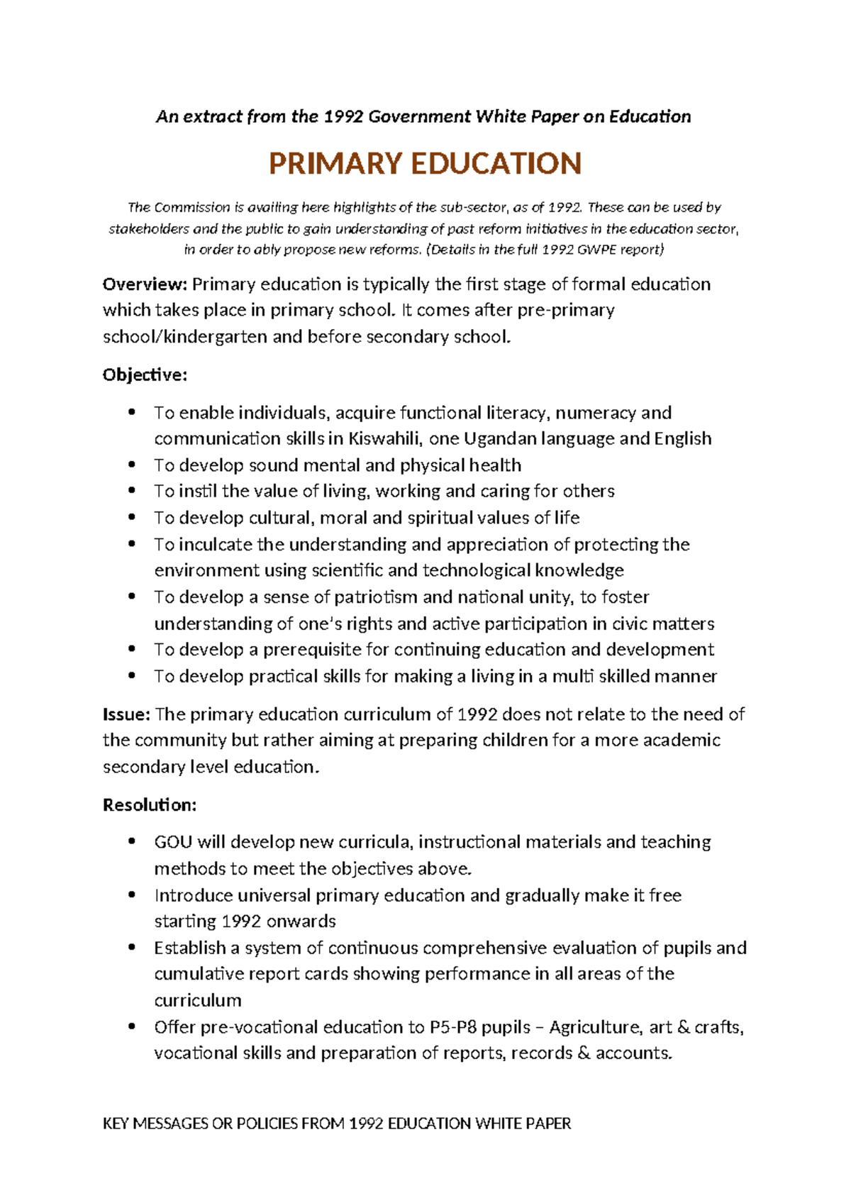 1992 GWPE Highlights: Primary Education Overview and Reforms - Studocu
