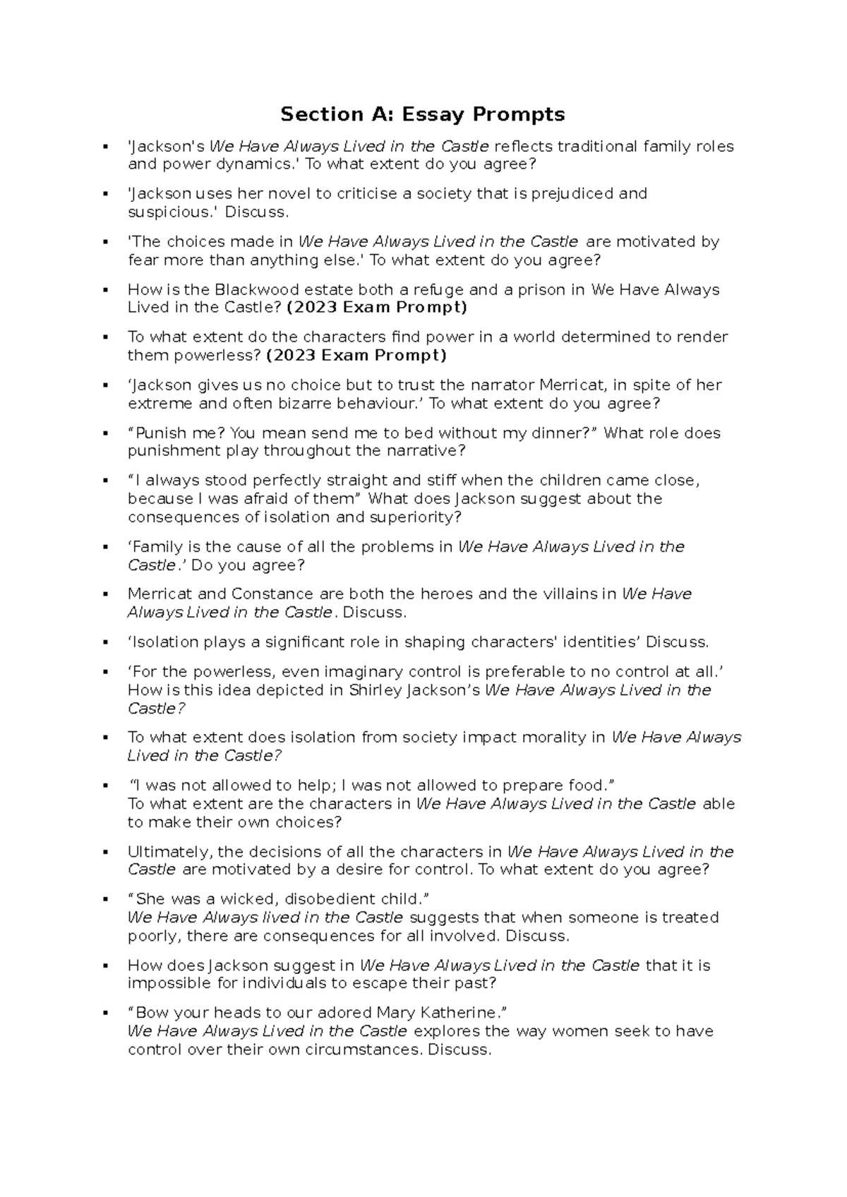 ENG 2023: Essay Prompts & Stimuli on "We Have Always Lived in the ...