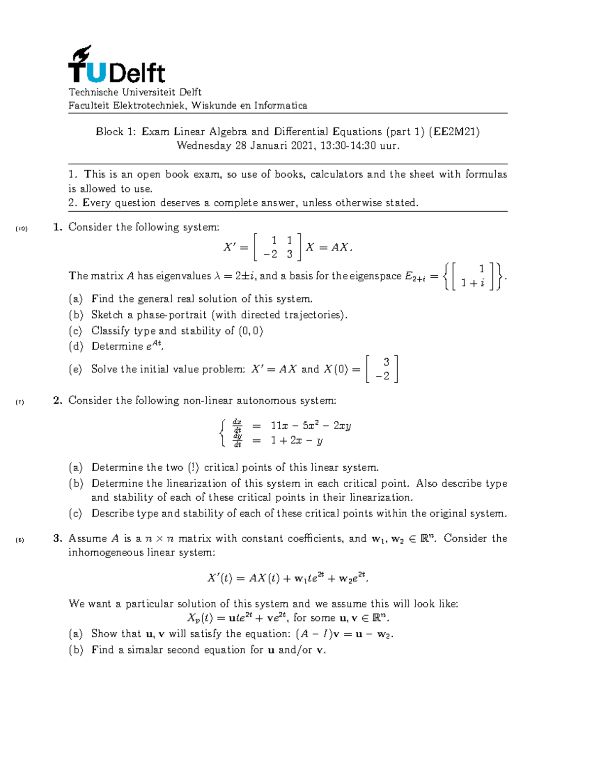 Tentamen EE2M21 Linear Algebra & Diff Equations - A-Blok1-2021 - Studeersnel
