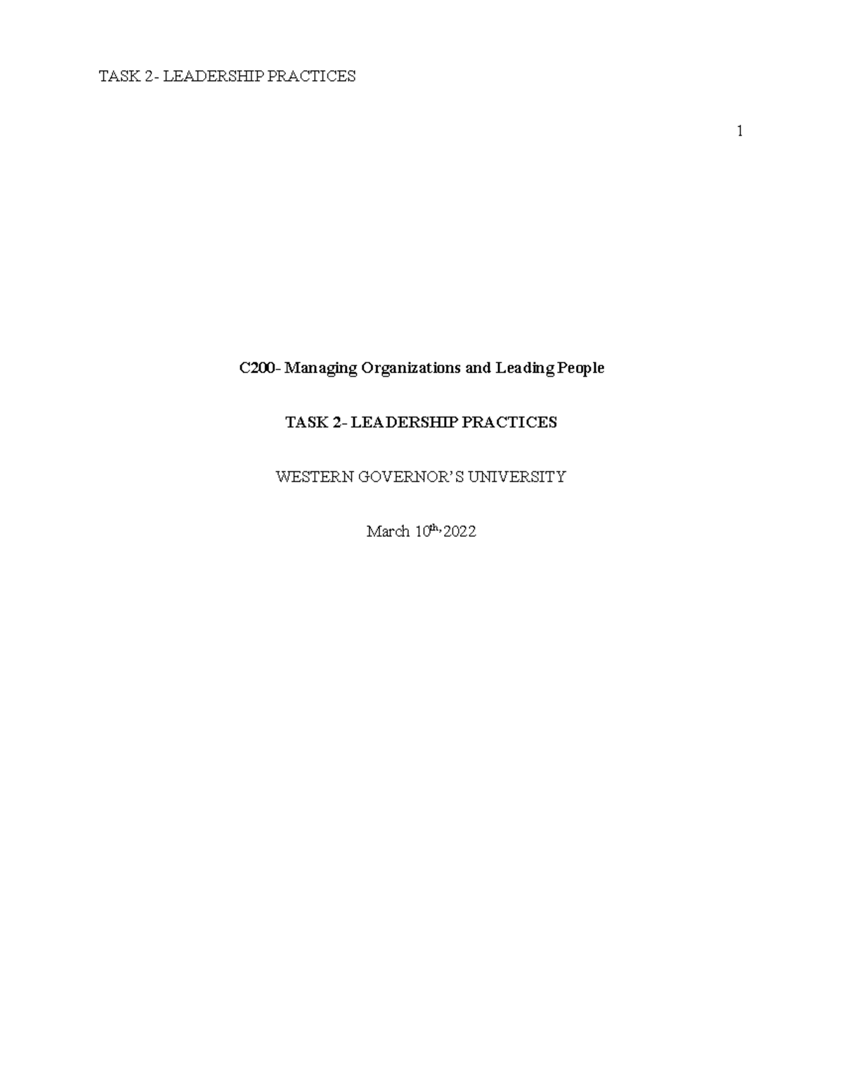 C200 Task 2 Paper Studoc - 1 C200- Managing Organizations and Leading ...