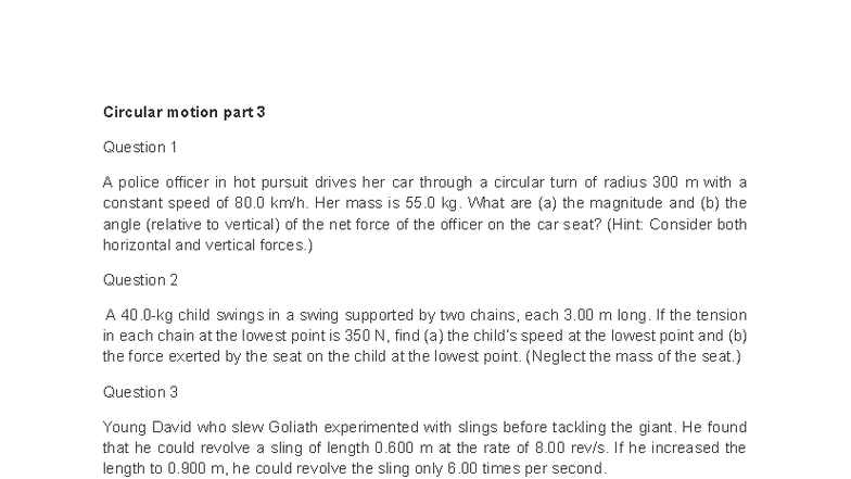 Circular Motion Part 3 - Worksheet Questions and Solutions - Studocu
