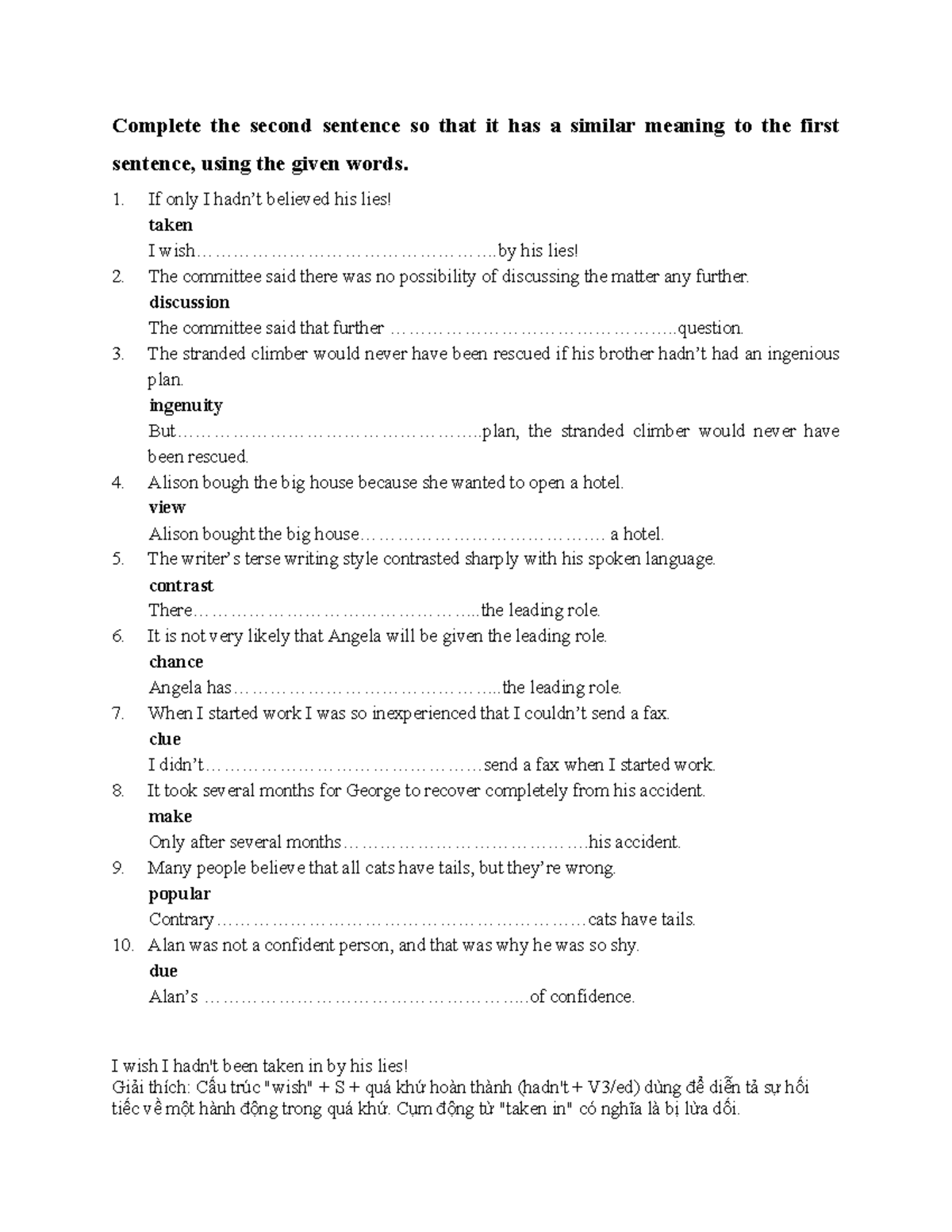 Sentence Rewriting Exercise - H - Studocu