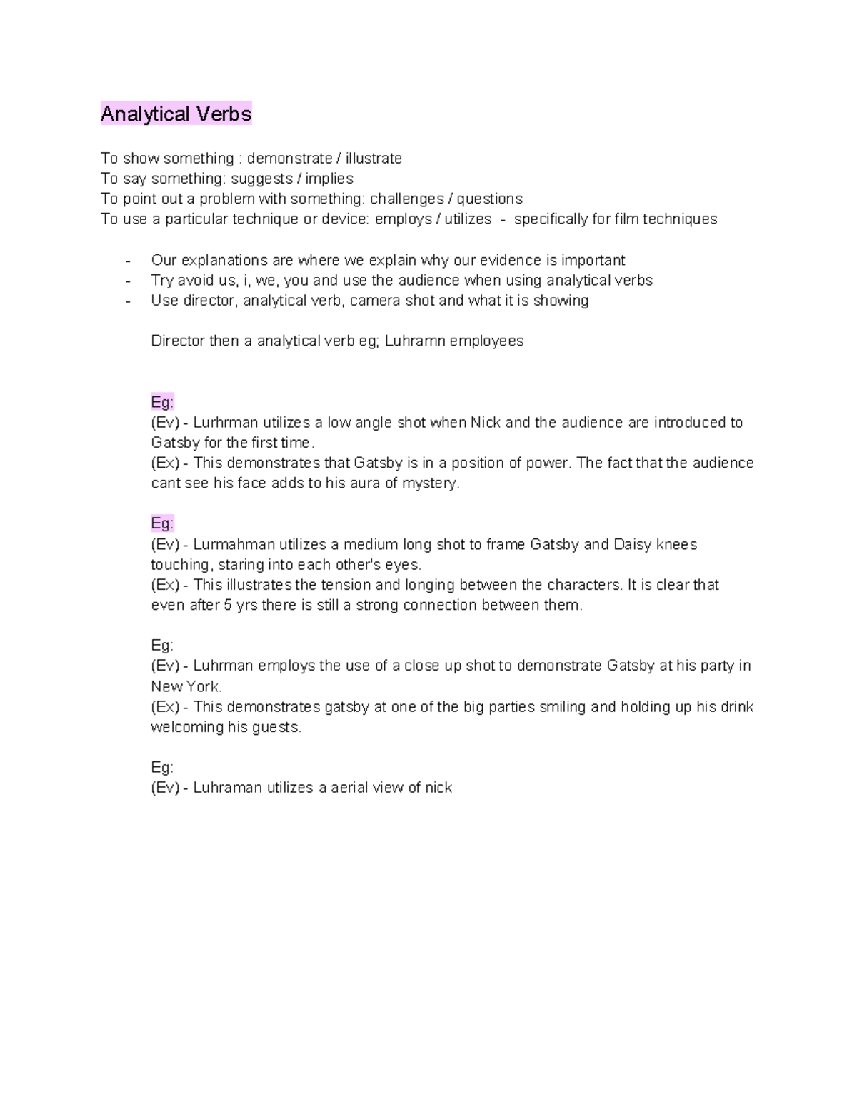 Analytical Verbs for Film Techniques in The Great Gatsby (ENG 101 ...